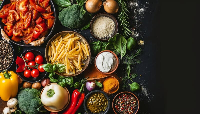 Raw Ingredients and Products for Pasta and Lasagna Backdrop. Top View ...