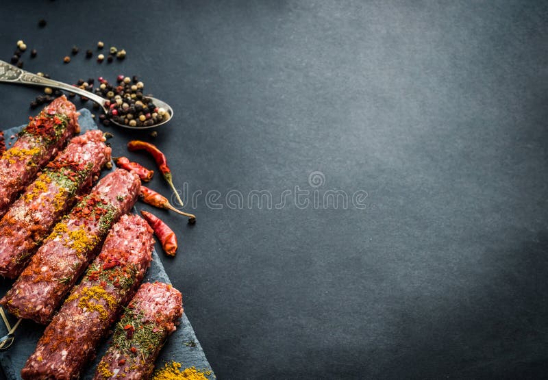 Raw kebab with spices stock photo. Image of ingredient - 131665748