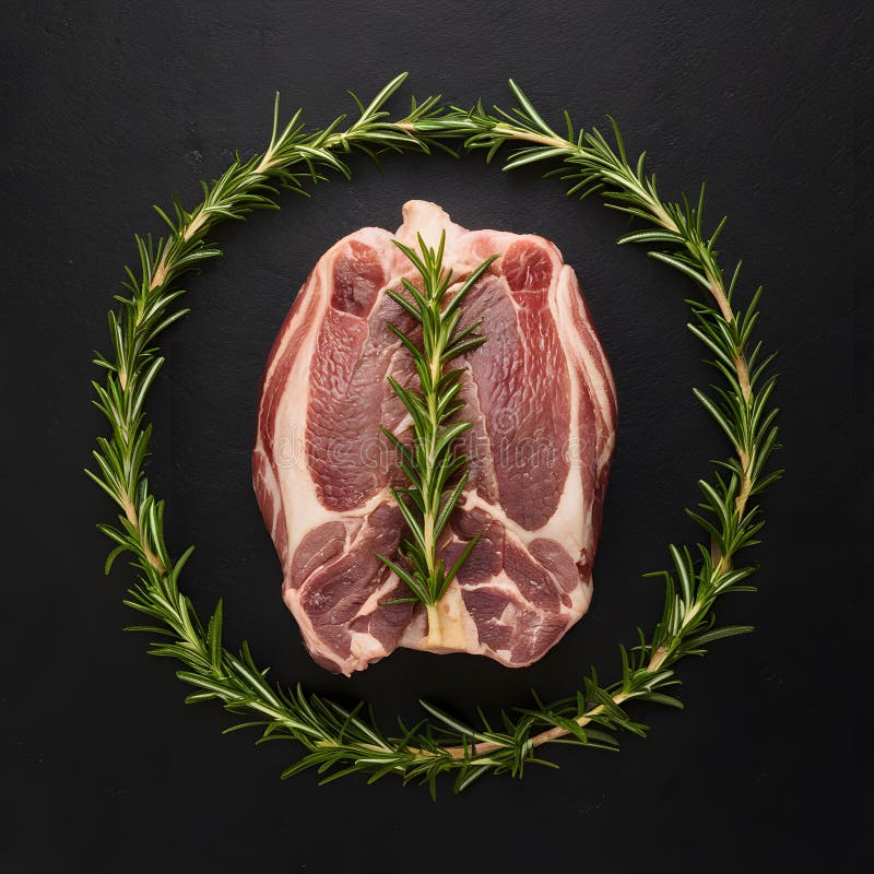 Raw Lamb Adorned with Rosemary, Elegant Presentation on Black Backdrop ...