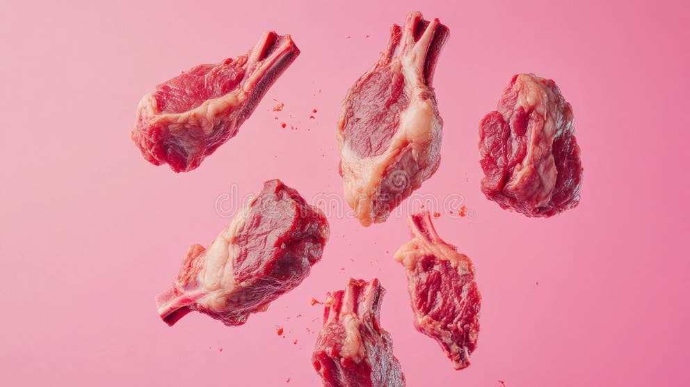 Raw Lamb Chops Floating on Pink Background Stock Illustration ...