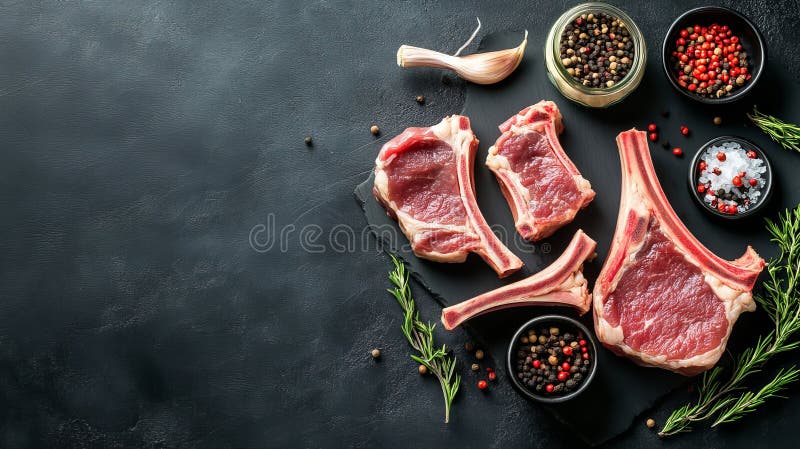 Raw Lamb Chops and Fresh Mutton Cutlets on Ribs Displayed on Dark ...