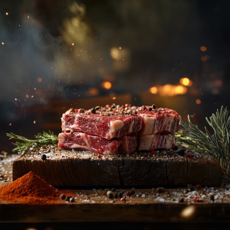 Raw Lamb Chops with Herbs and Spices on Rustic Wood Surface Stock Image ...