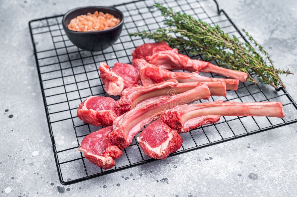Raw Lamb Meat Chops, Fresh Mutton Cutlets. Grey Background Stock Photo ...