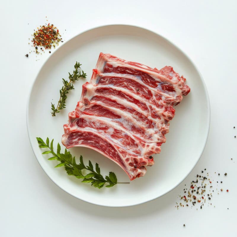 Raw Lamb Rack on White Plate with Herbs and Pepper Spices on White ...