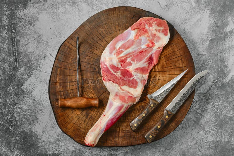 Raw Lamb Shoulder Chump on Butcher S Cutting Log Stock Image - Image of ...