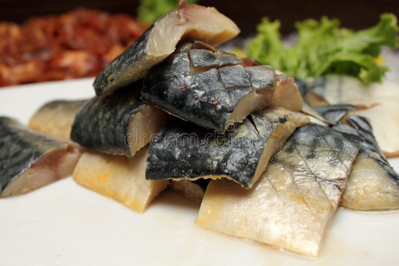 Raw Mackerel Fish in White Plate Stock Photo - Image of fish, sliced ...