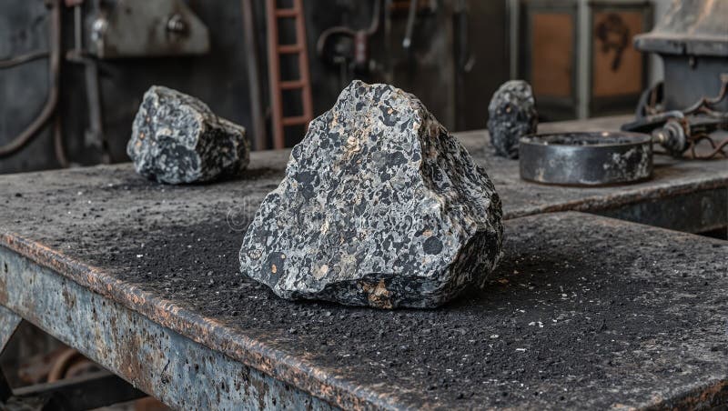 Raw Manganese Ore Specimen with Dark Patterns on Steel Table in ...