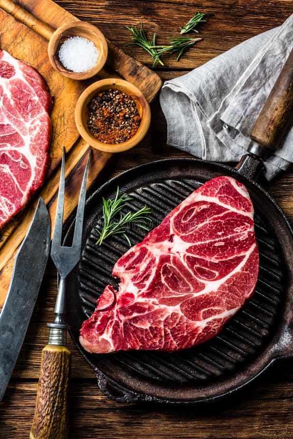 Raw Marbled Beef Steak on Grill Pan Stock Image - Image of quality ...