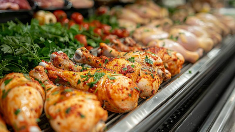 Raw and Marinated Chicken Drumsticks in a Market Display. Stock Image ...