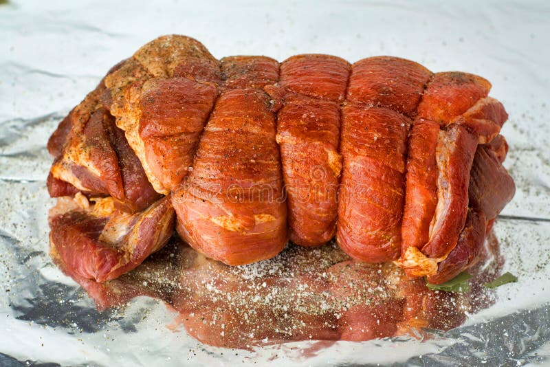 Raw Marinated Pork Roll Sprinkled with Spices and Tied with String ...