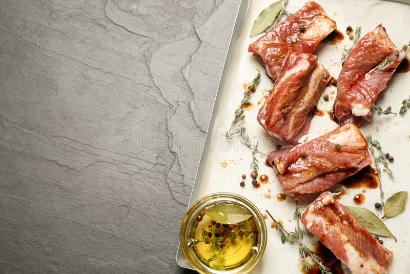 Raw Marinated Ribs on Table, Top View. Space for Text Stock Photo ...