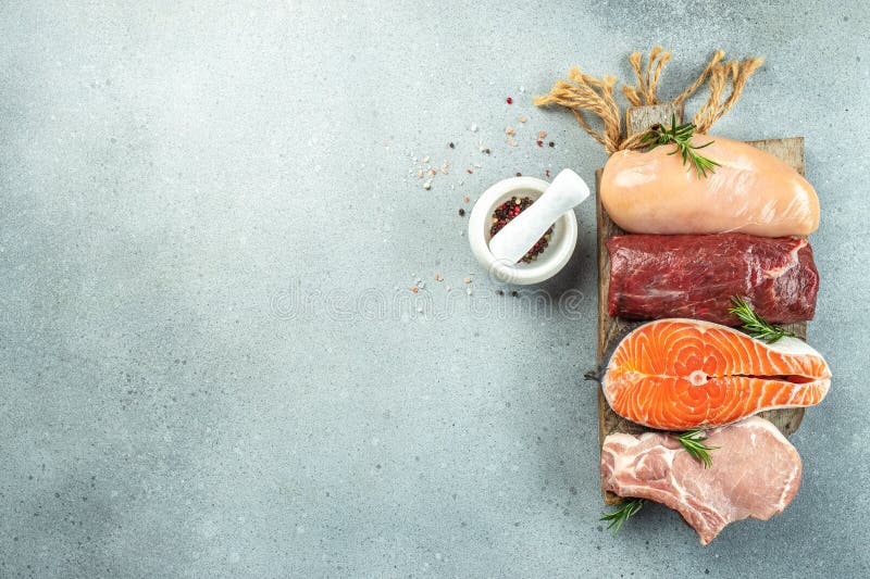 Raw Meat Assortment Steaks Beef, Pork, Chicken on Light Background ...