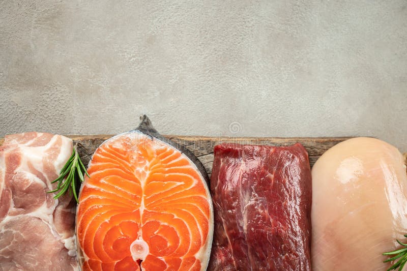 Raw Meat Assortment Steaks Beef, Pork, Chicken on Dark Background ...