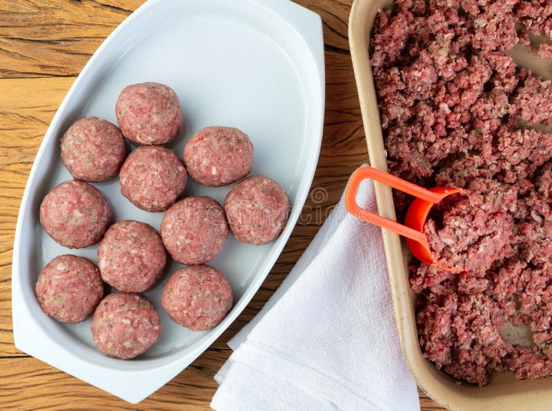 Raw Meat Balls Being Made with Ground Beef Stock Photo - Image of ...