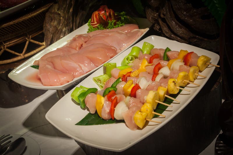 Raw meat for a BBQ buffet. stock image. Image of catering - 156356967