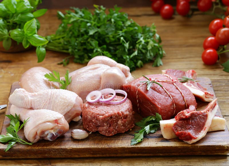 Raw Meat, Beef, Minced Meat, Lamb, Chicken Stock Image - Image of ...