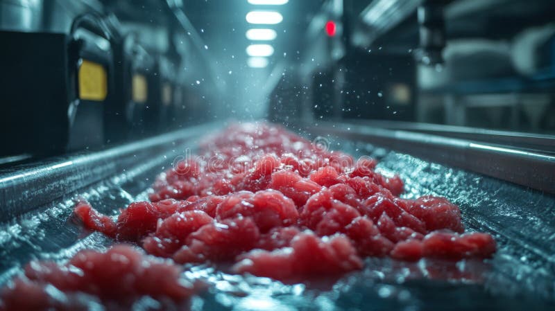 Raw Meat Being Washed on a Conveyor Belt in a Food Processing Factory ...