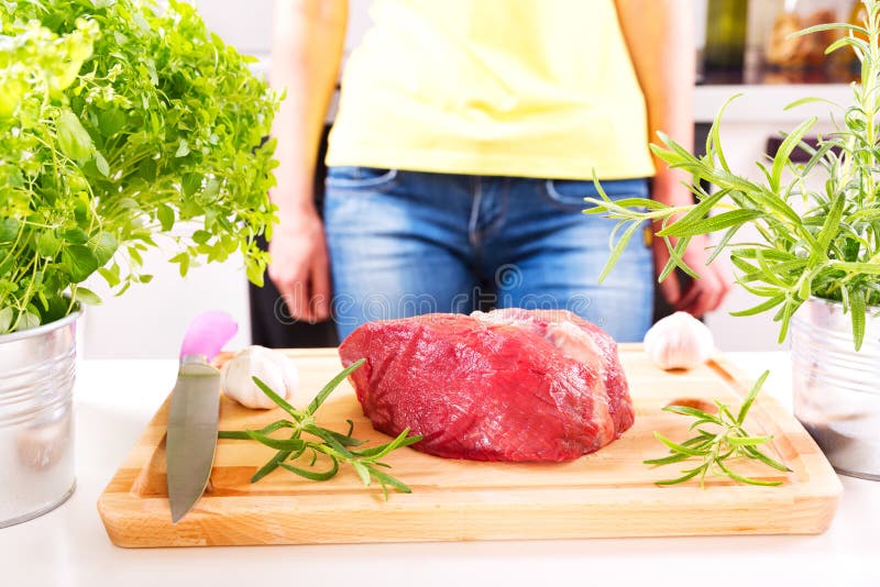Raw Meat on the Board in the Kitchen Stock Image - Image of food, knife ...