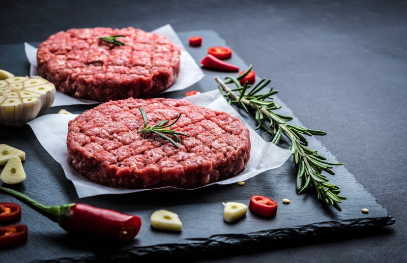 Raw Meat Burger Cutlets with Ingredients Stock Image - Image of grey ...