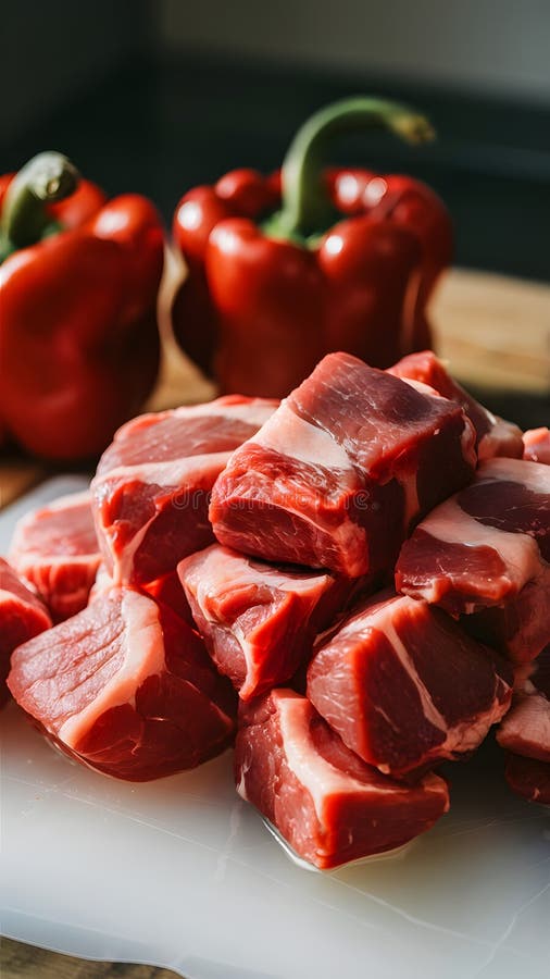 Raw Meat Chunks and Red Bell Peppers on White Surface in Kitchen Area ...