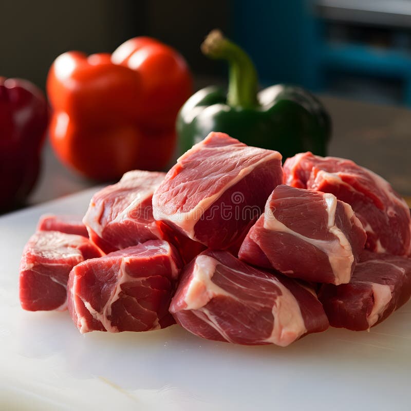 Raw Meat Chunks and Red Bell Peppers on White Surface in Kitchen Area ...