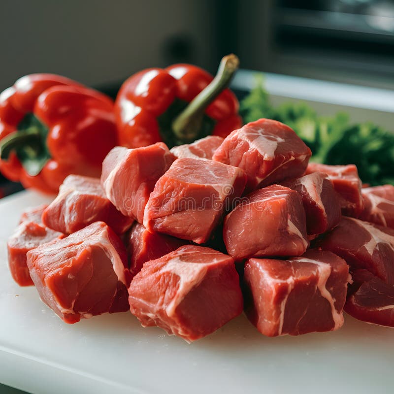 Raw Meat Chunks and Red Bell Peppers on White Surface in Kitchen Area ...