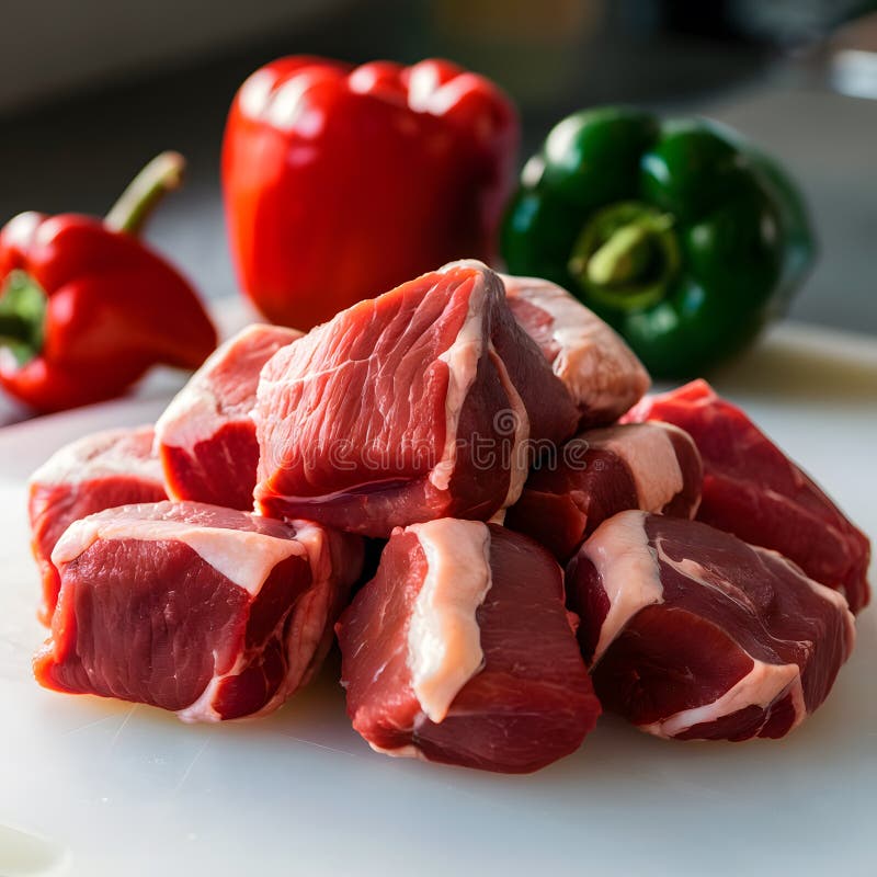 Raw Meat Chunks and Red Bell Peppers on White Surface in Kitchen Area ...