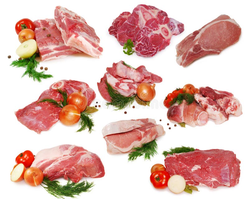 Raw Meat. Collection of Different Pork and Beef Slices Isolated on ...