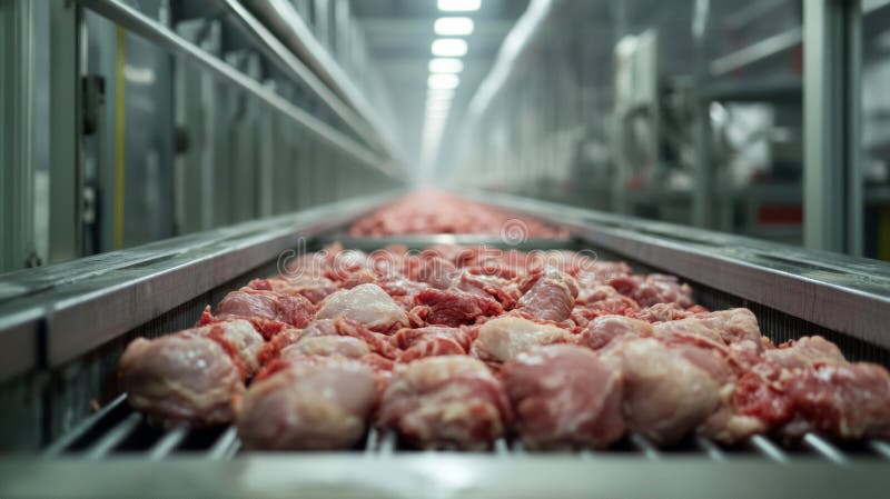 Raw Meat on a Conveyor Belt in a Food Processing Facility Stock ...