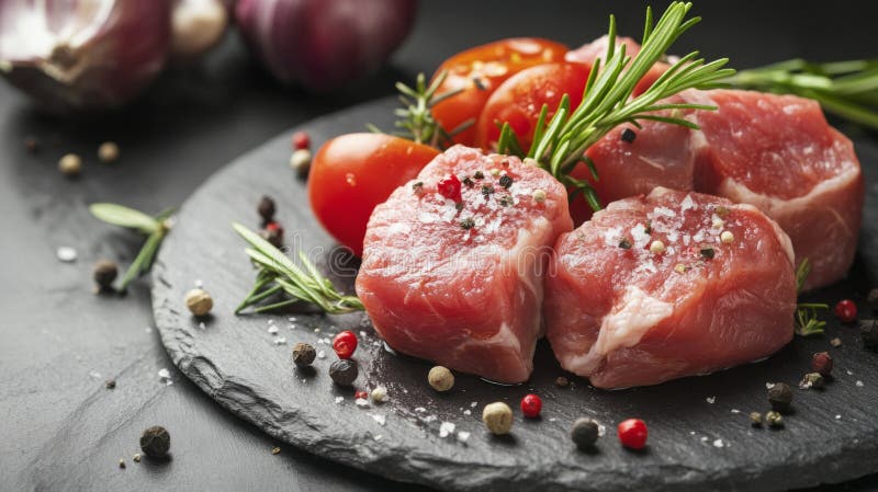 Raw Meat Cubes with Herbs and Spices on Dark Stone Stock Illustration ...