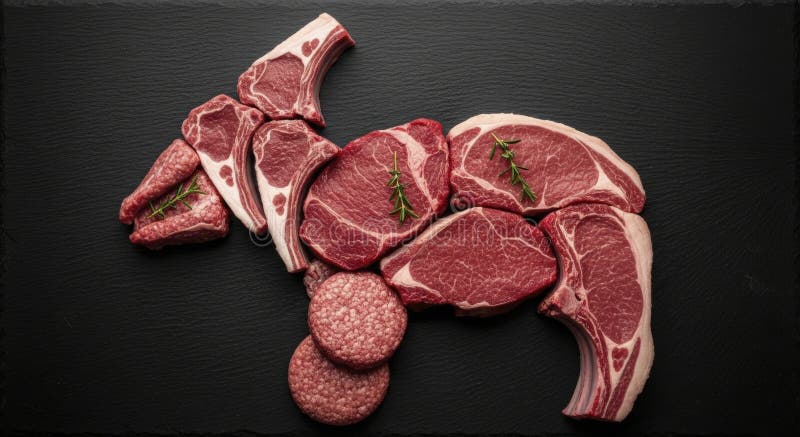 Raw Meat Cuts Arranged in the Shape of a Bull on a Dark Stone Surface ...