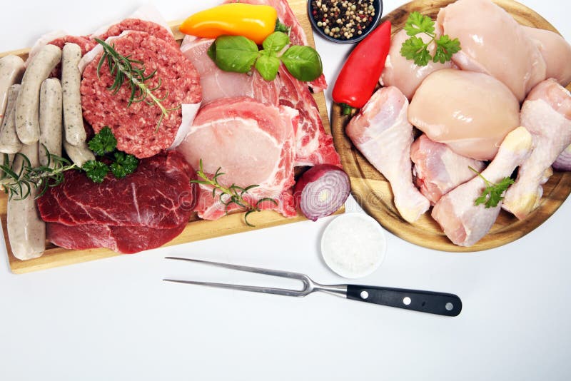 Raw Meat. Different Types of Raw Pork Meat, Chicken and Beef with ...