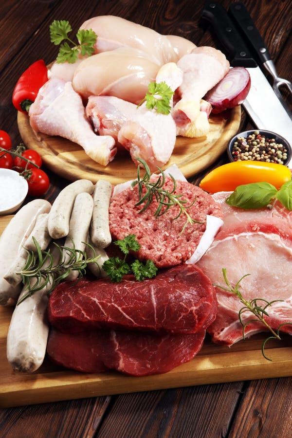 Raw Meat. Different Types of Raw Pork Meat, Chicken and Beef with ...