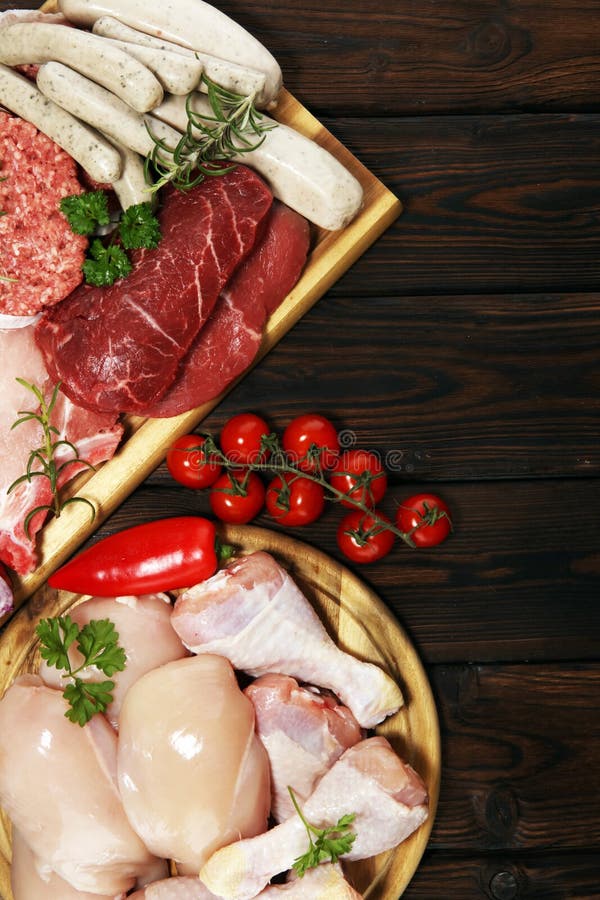 Raw Meat. Different Types of Raw Pork Meat, Chicken and Beef with ...