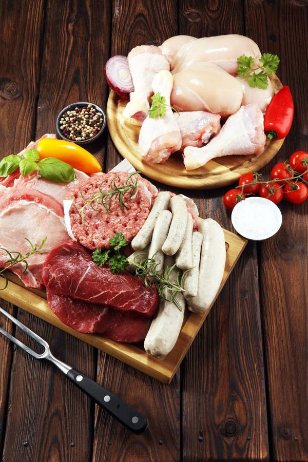Raw Meat. Different Types of Raw Pork Meat, Chicken and Beef with ...