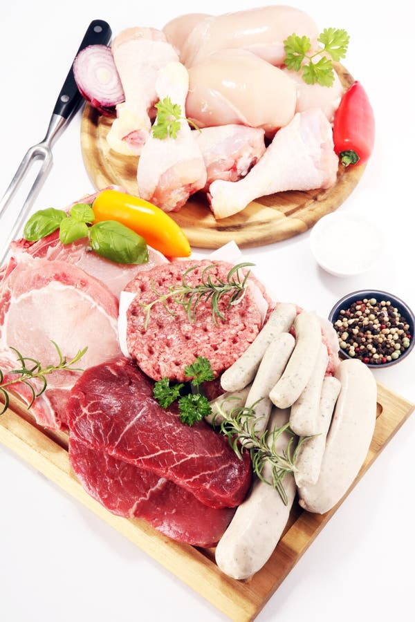 Raw Meat. Different Types of Raw Pork Meat, Chicken and Beef with ...