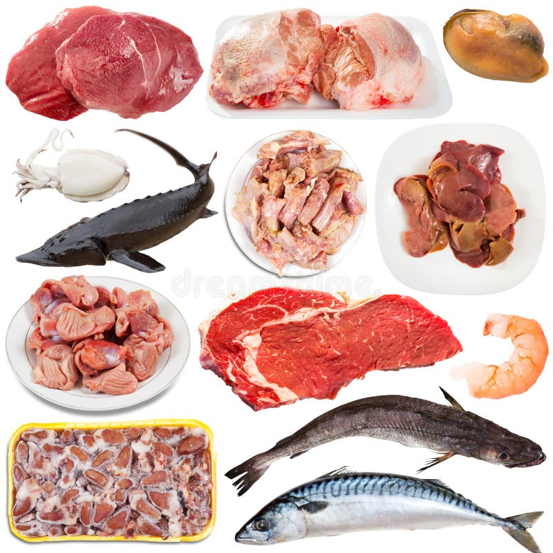 Raw Meat, Fish and Poultry Isolated on White Background Stock Photo ...