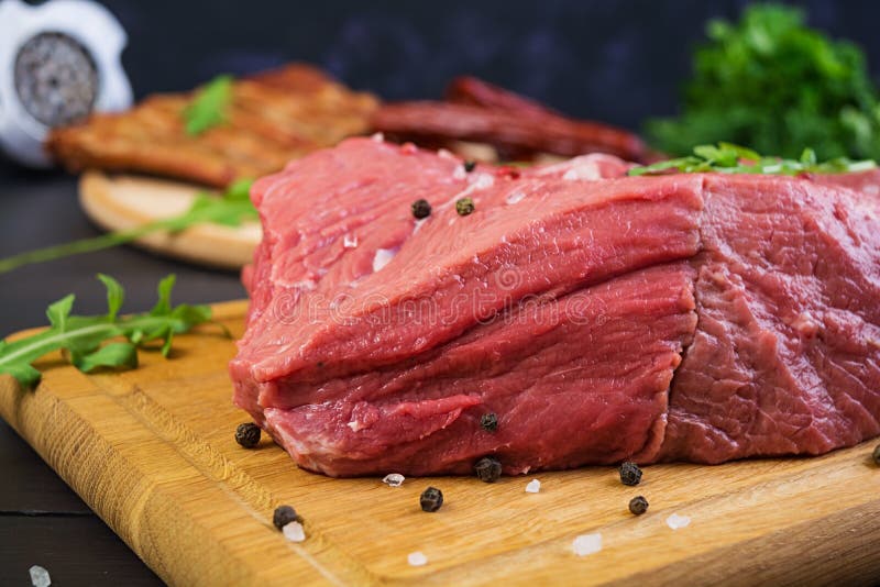 Raw Meat. Fresh Beef on Wooden Background Stock Image - Image of ...