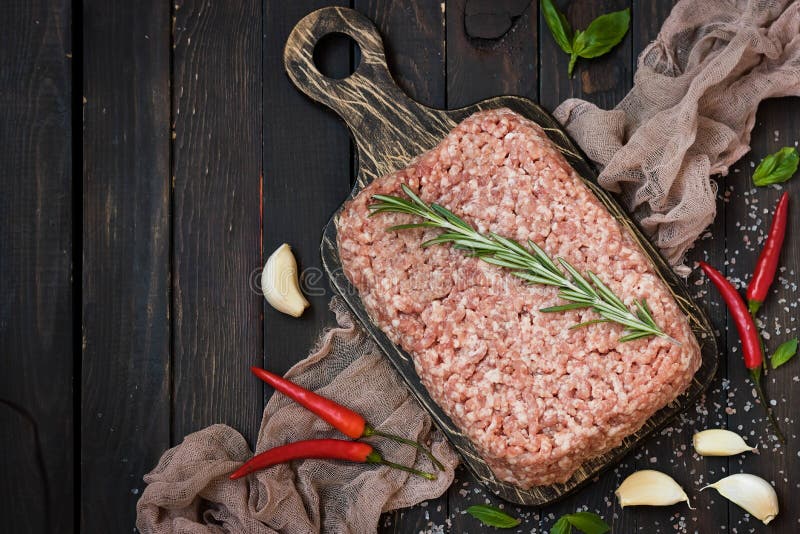 Raw Meat with Fresh Herbs and Pink Himalayan Salt Stock Image - Image ...