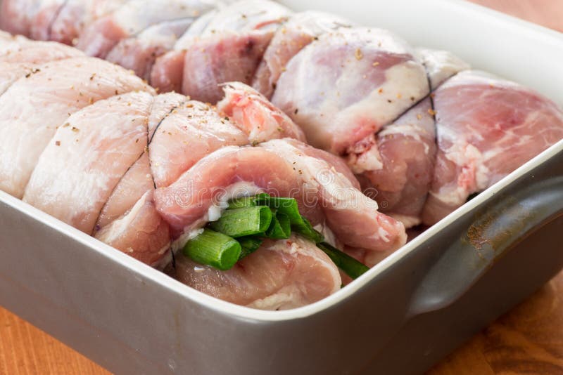 Raw Meat with Green Onions Twisted To Roll Stock Photo - Image of main ...