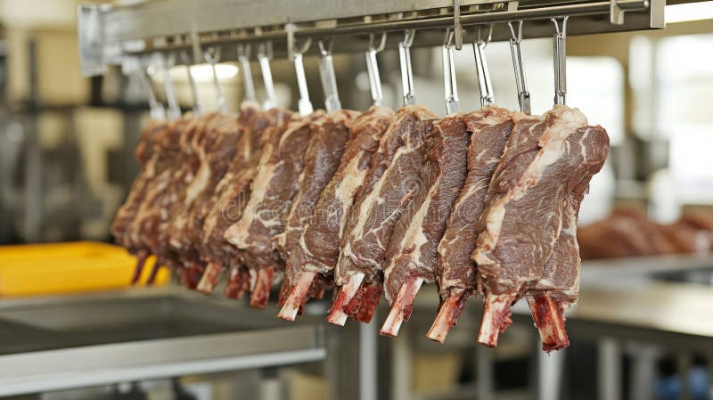 Raw Meat Hanging on Hooks in a Food Processing Plant Stock Illustration ...