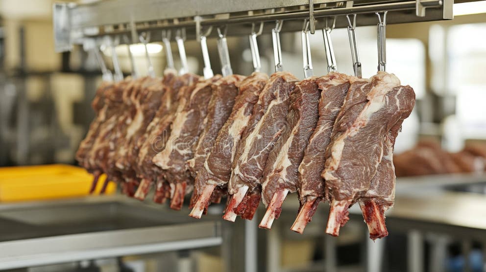 Raw Meat Hanging on Hooks in a Food Processing Plant Stock Illustration ...