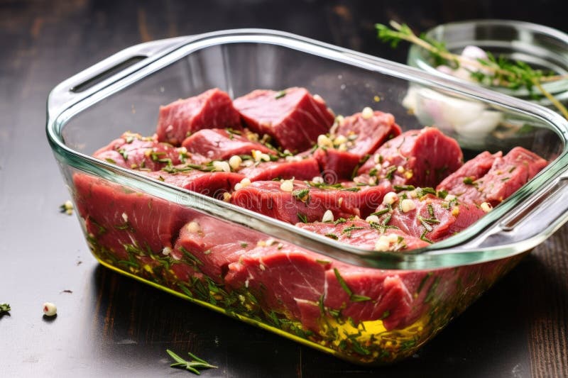 Raw Meat Marinating in a Glass Container Stock Photo - Image of ...