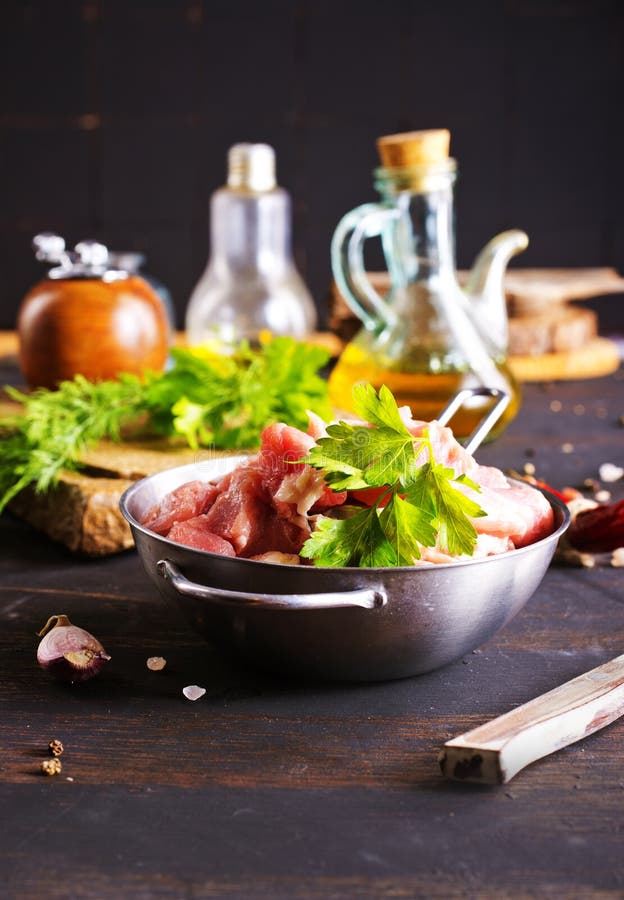 Raw Meat in Metal Bowl, Meat and Herb and Spices Stock Photo - Image of ...