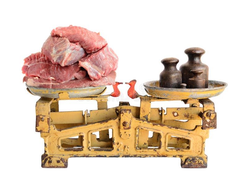 Raw meat on old scales stock photo. Image of isolated - 60087512