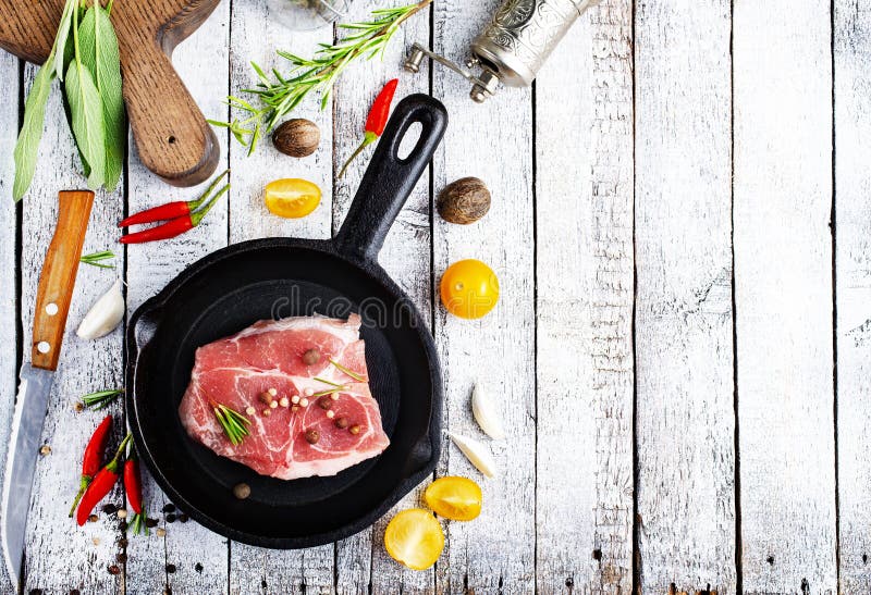Raw meat in pan stock photo. Image of rare, greens, ingredient - 159040624