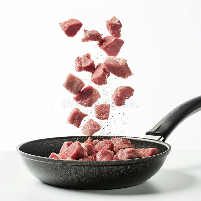 Raw Meat Pieces Flying Out of the Pan on White Background Stock ...
