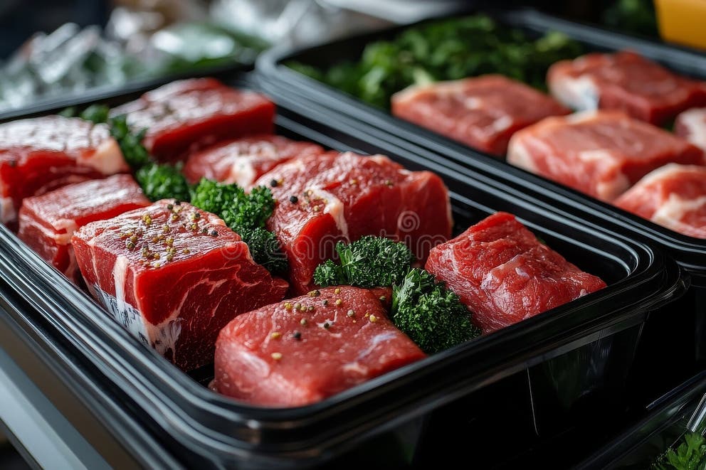 Raw Meat in Plastic Containers in Grocery Store Stock Illustration ...