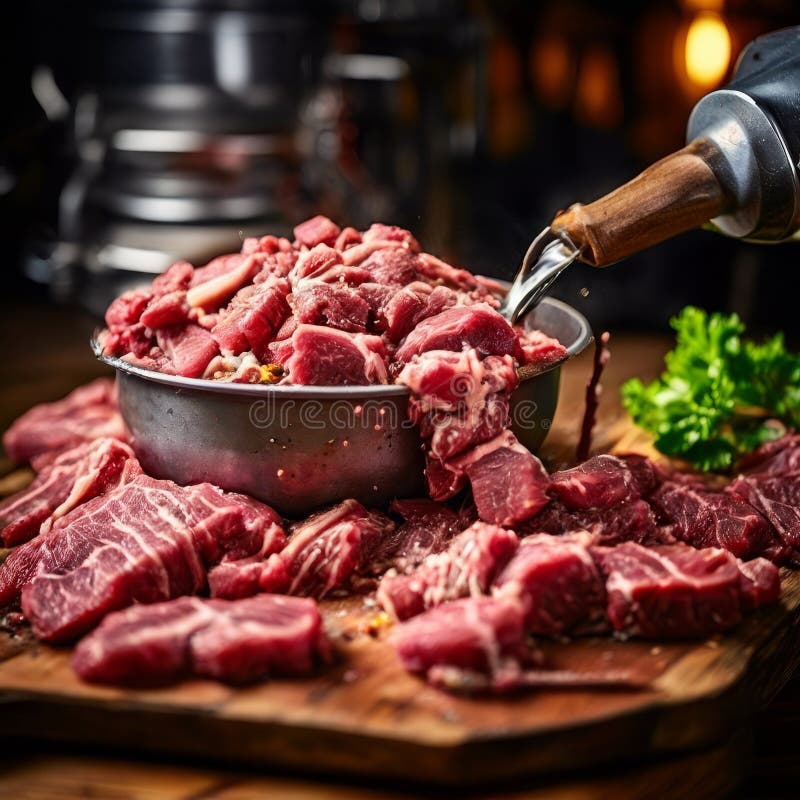 Raw Meat Preparation with Pouring Liquid in a Rustic Kitchen Setting ...