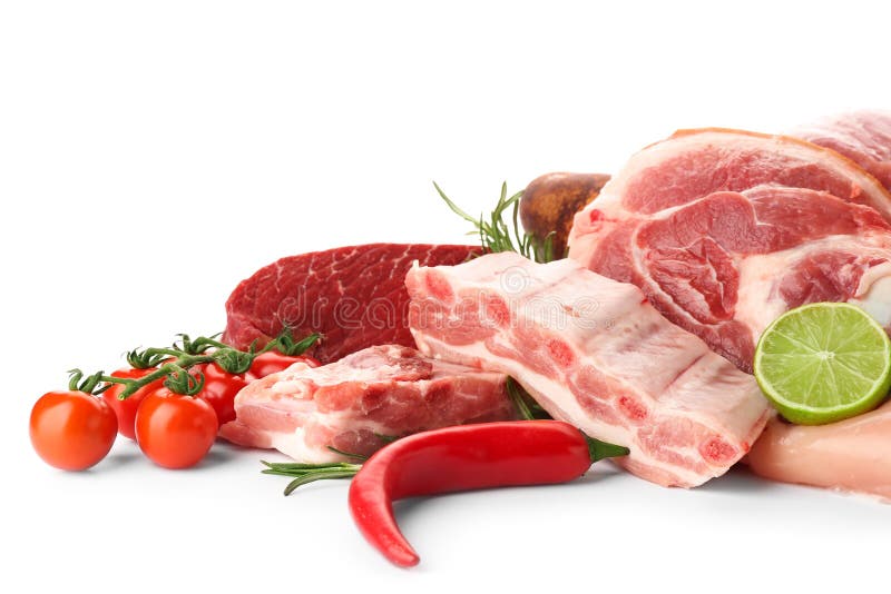 Raw Meat Products on White Background Stock Photo - Image of cooking ...